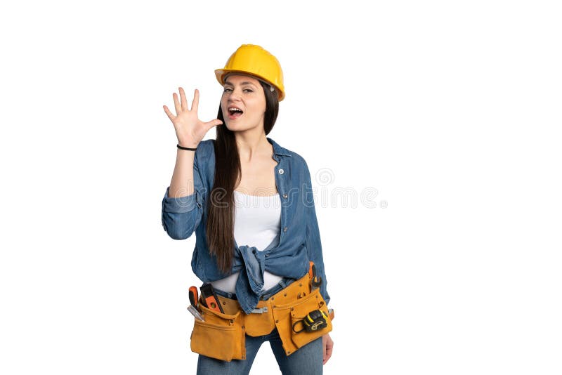 Cheerful Female Construction Worker Waving Hello Stock Image - Image of ...