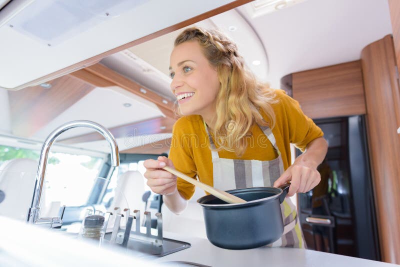 Smiling Female Cooking in Kitchen Stock Photo - Image of prepare ...