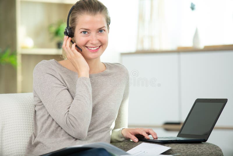 Smiling Female Customer Support Operator Talking with Client Stock ...
