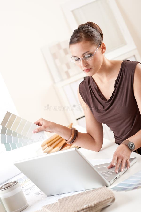 Smiling Female Designer with Color Swatch Stock Photo - Image of paint ...