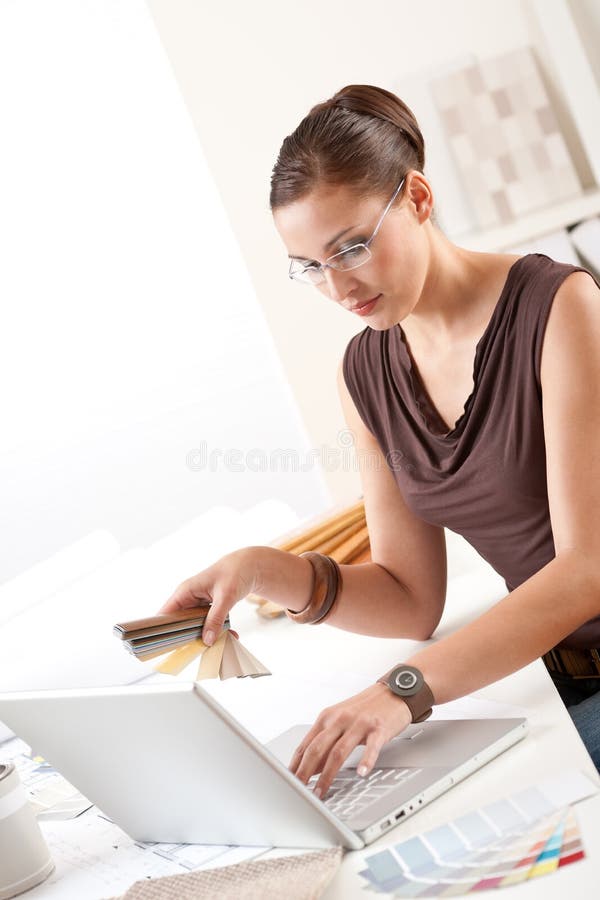 Smiling Female Designer with Color Swatch Stock Image - Image of ...