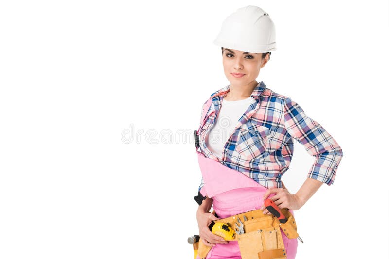 Smiling Female Engineer in Pink Overalls Stock Photo - Image of ...