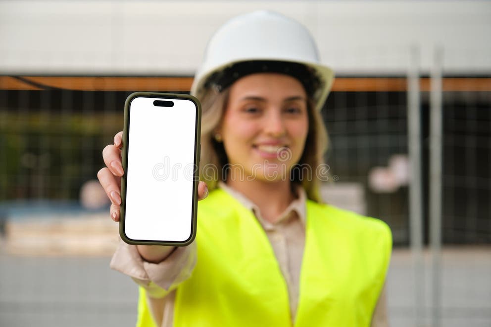 Smiling Female Engineer Showing Smartphone with Blank Screen at ...