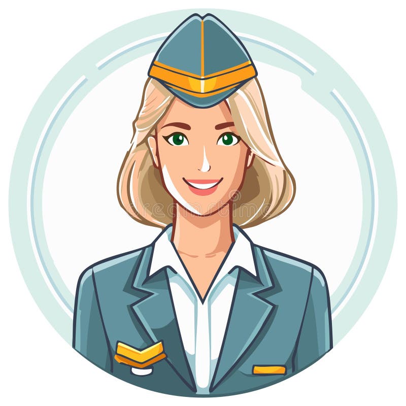 Smiling Female Flight Attendant Character Wearing a Uniform and Hat ...
