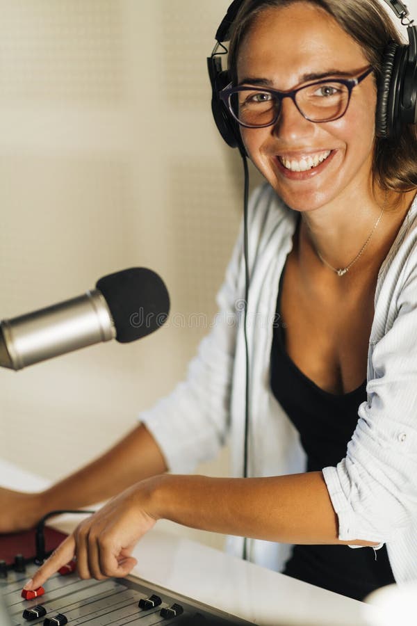 Podcast Concept - Female Host in Podcasting Studio Stock Image - Image ...