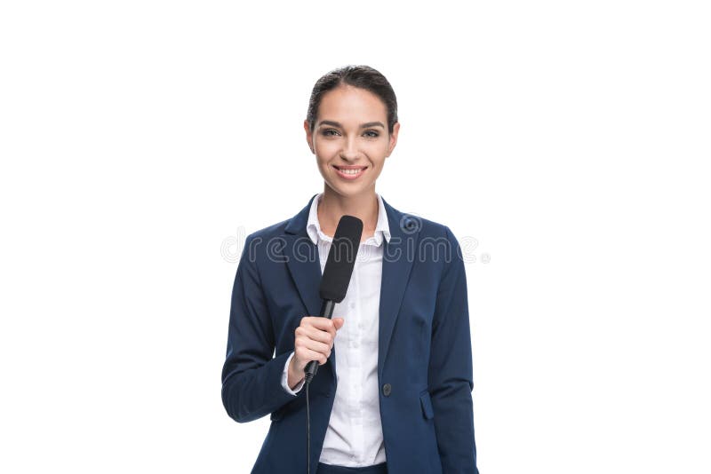 Smiling Female Journalist in Suit with Microphone, Stock Image - Image ...