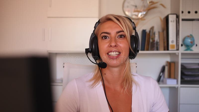 Happy Call Center Operator Talking with Client and Smiling Stock ...