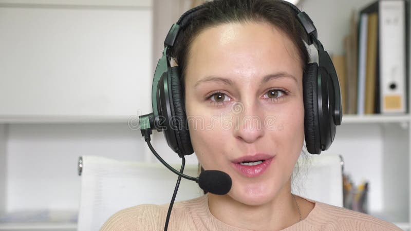 Happy Call Center Operator Talking with Client and Smiling Stock ...