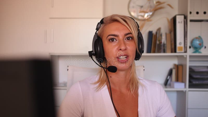 Happy Call Center Operator Talking with Client and Smiling Stock ...