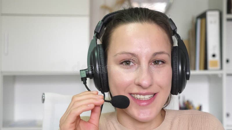 Happy Call Center Operator Talking with Client and Smiling Stock ...