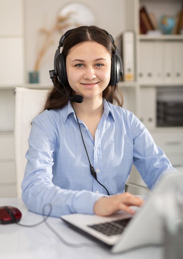 Smiling Female Operator Talking with Customer Using Headset Company ...
