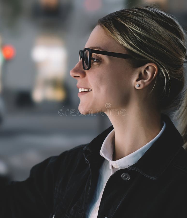Smiling Female Standing at Big Display with Advanced Digital Technology ...