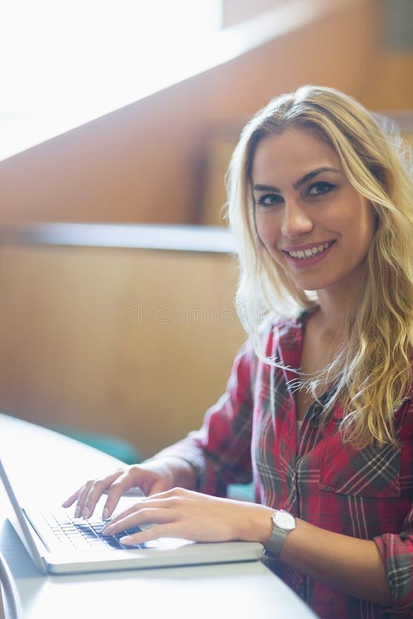 Smiling Female Student Using Laptop Stock Image - Image of education ...