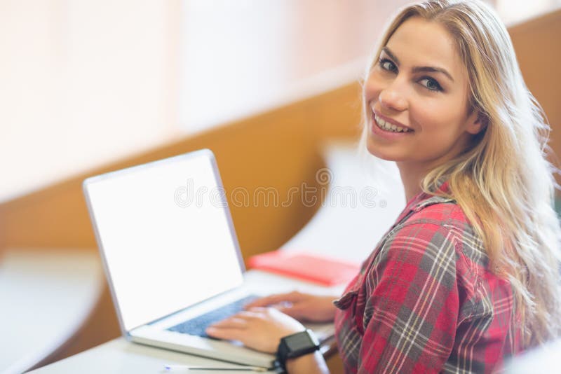 Smiling Female Student Using Laptop Stock Image - Image of learn ...