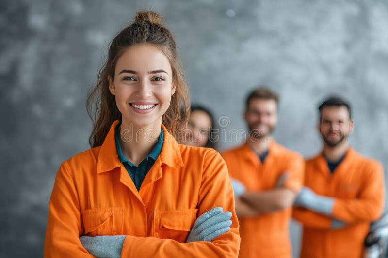 Smiling Female Worker in an Orange Jumpsuit with Team of Diverse ...
