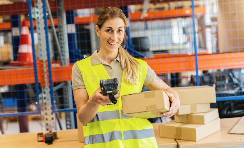 Smiling Female Worker with Protective Vest and Scanner, Typing in ...