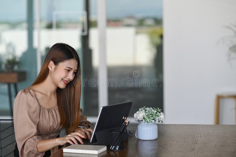 Female Working with Laptop in Office. Stock Image - Image of company ...
