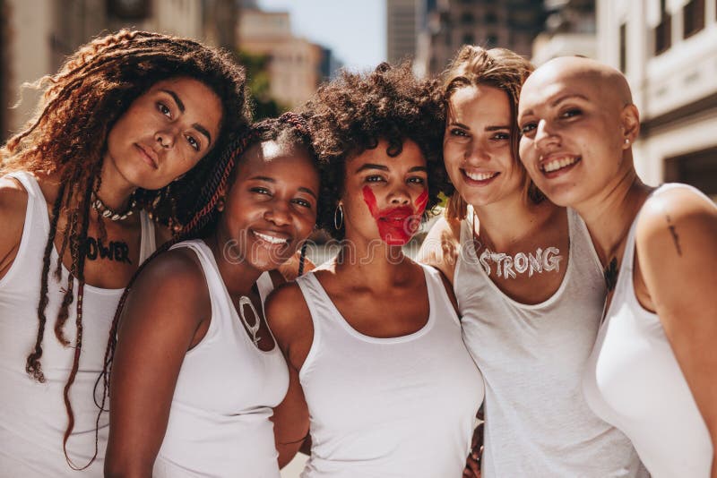 Smiling Females Protesting for Women Rights Stock Image - Image of ...