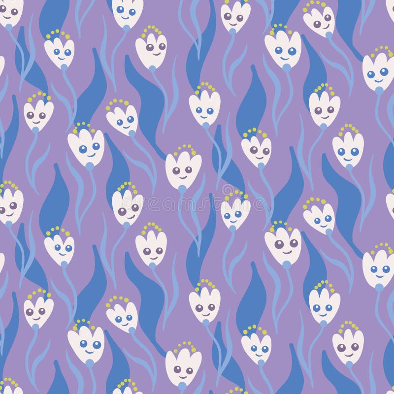 Smiling Flowers Seamless Vector Purple Pattern Stock Vector ...