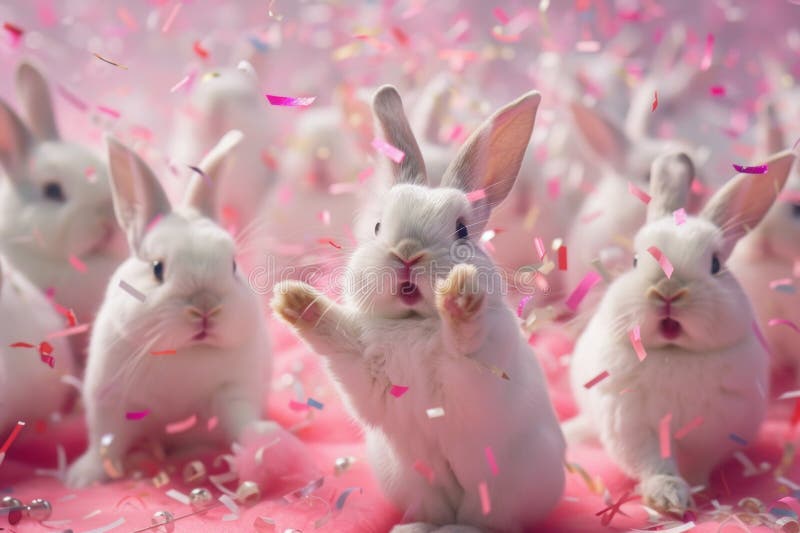 Smiling, Fluffy Bunnies at a Pink Easter Party Dancing Together Stock ...