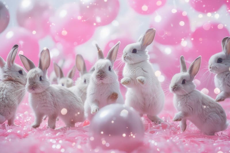 Smiling, Fluffy Bunnies at a Pink Easter Party Dancing Together Stock ...