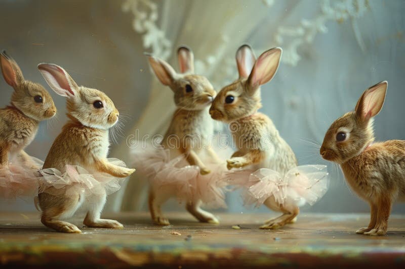 Smiling, Fluffy Bunnies at a Pink Easter Party Dancing Together Stock ...