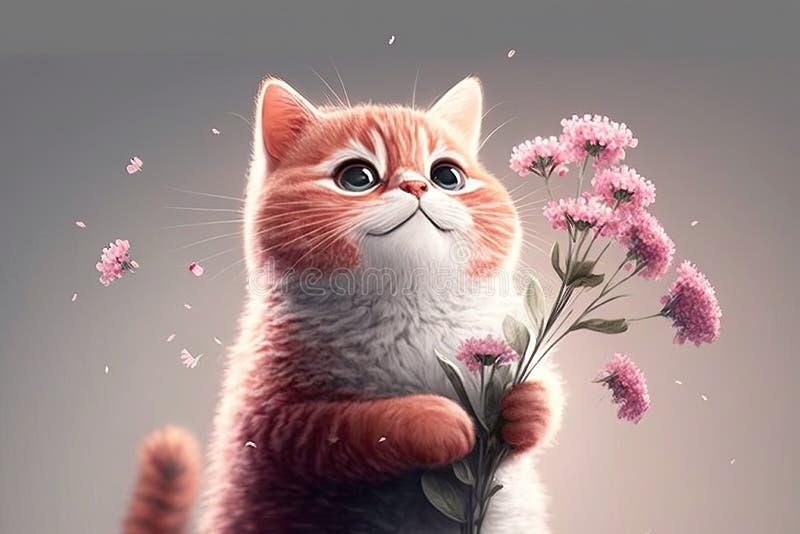 Smiling Fluffy Cat with Flowers. Generative Ai Stock Illustration ...
