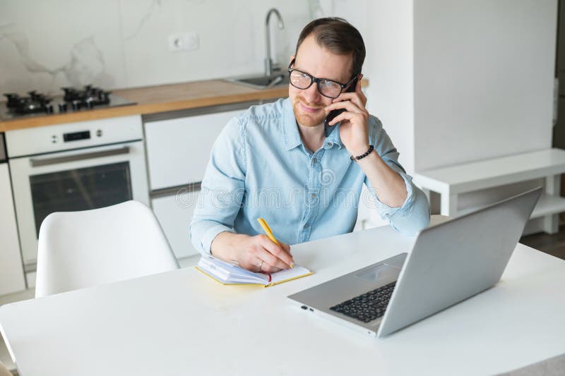 Smiling Freelancer Guy Working from Home Stock Image - Image of ...