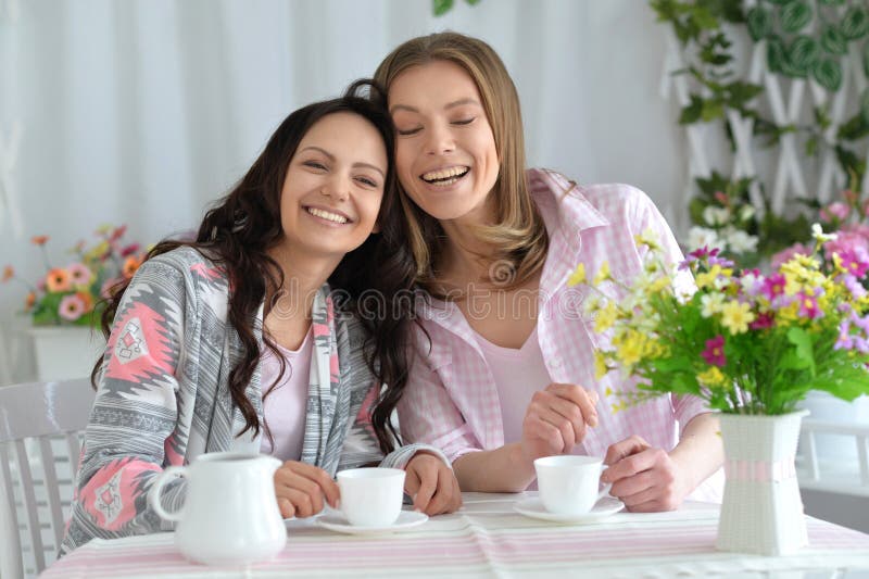 Smiling Friends Drinking Tea Stock Photo - Image of bouquet, drinking ...