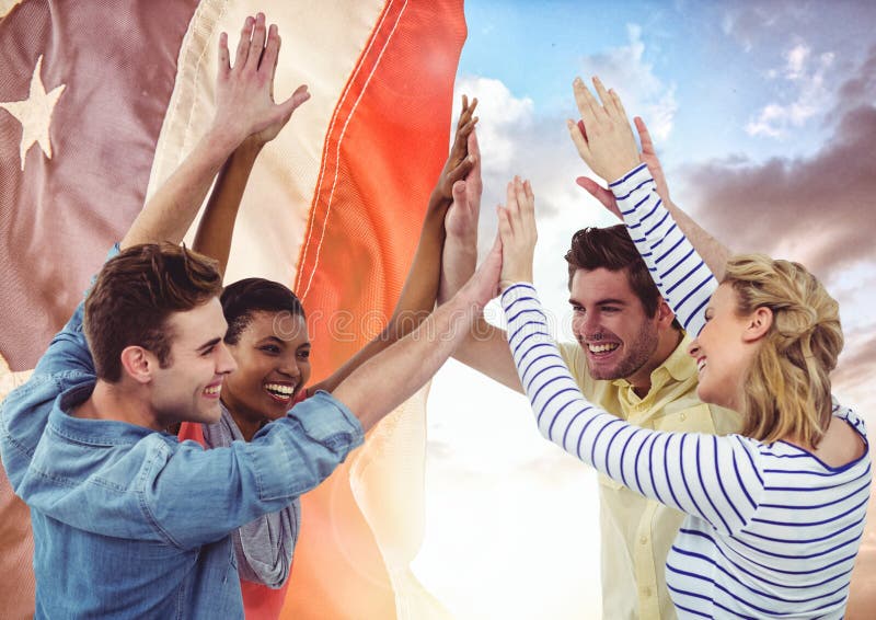 Smiling Friends Hands Up for Independence Day Stock Image - Image of ...