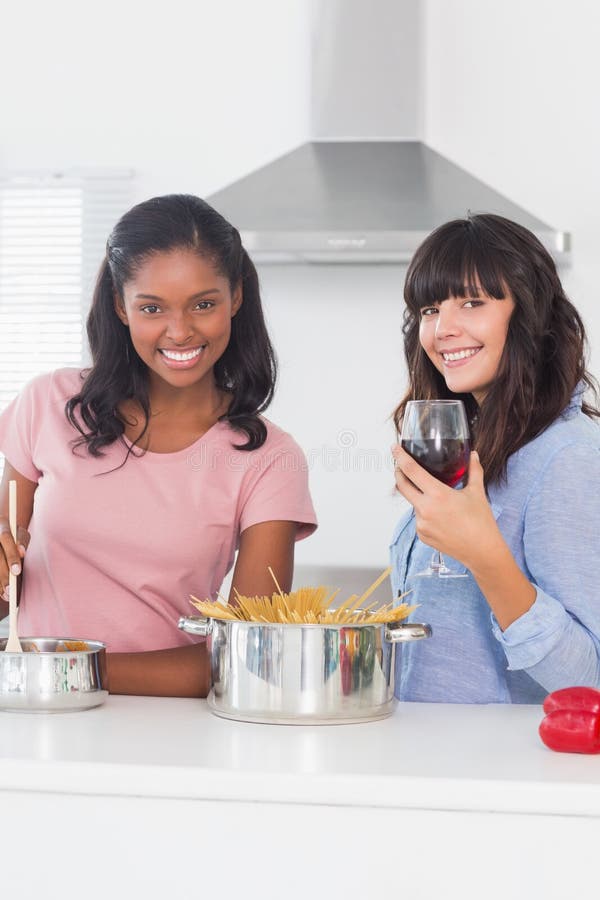 Smiling Friends Preparing Dinner Together Stock Image - Image of ...