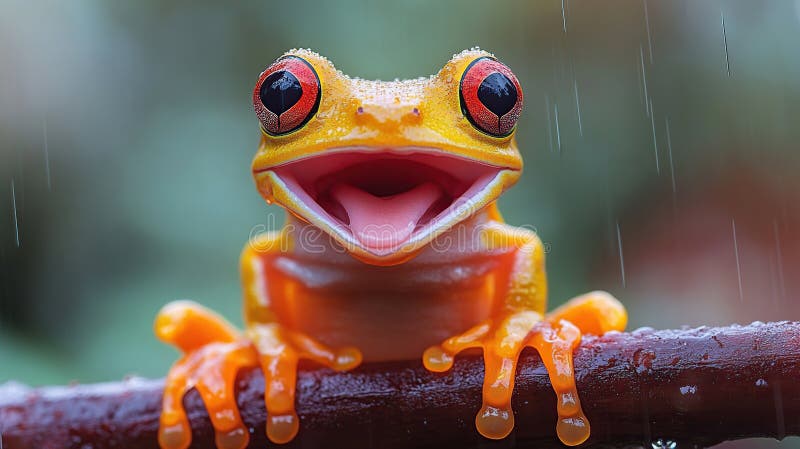 Smiling frog in rain stock photo. Image of reptiles - 370696976