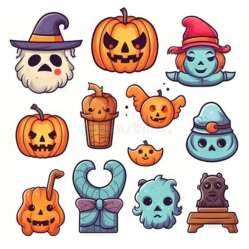 Smiling and Funny Halloween Illustration Set Pumpkin, Ghost, Bat, Candy ...