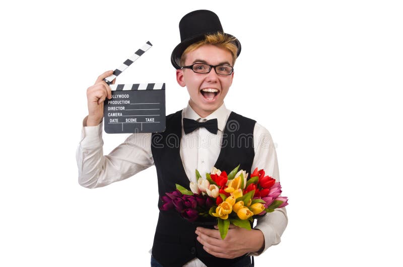 Smiling Gentleman with Flowers Isolated on White Stock Image - Image of ...