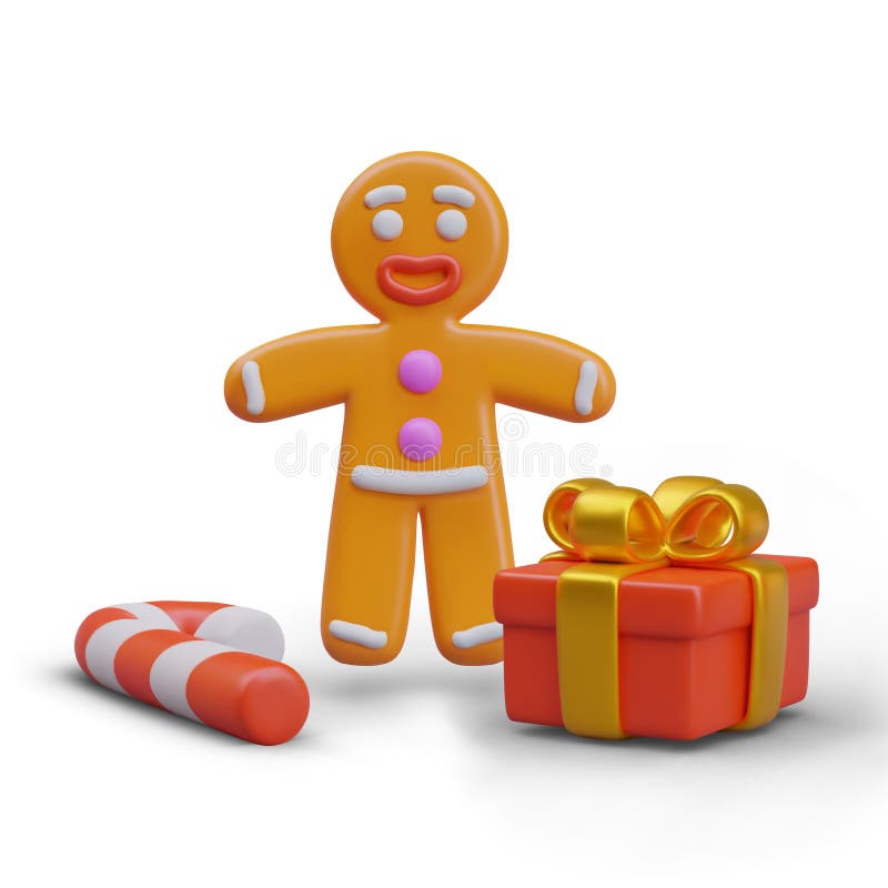 Smiling Gingerbread Man, Candy Cane, Red Gift Box with Golden Bow Stock ...