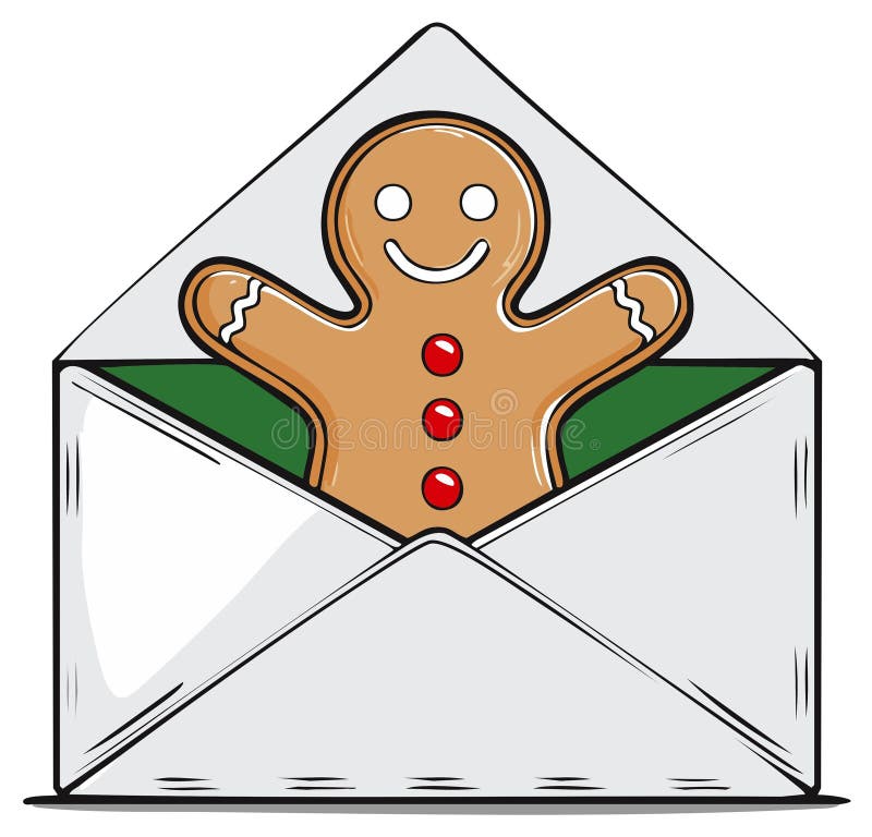Smiling Gingerbread Man Peeking Out of a White Envelope Illustration ...
