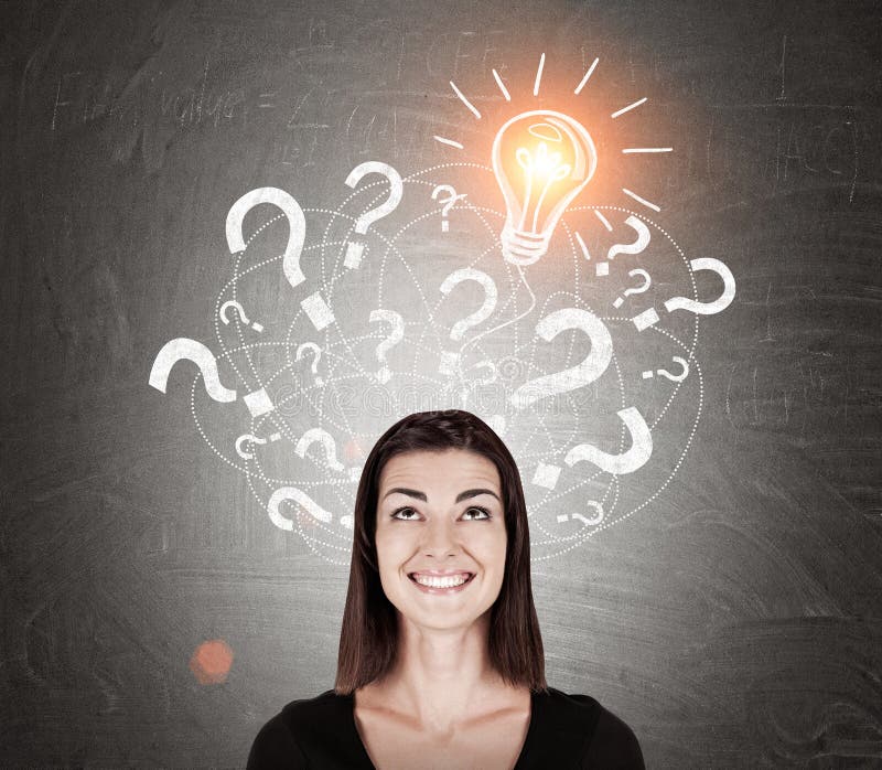 Smiling Girl in Black and Light Bulb with Question Marks Stock Image ...