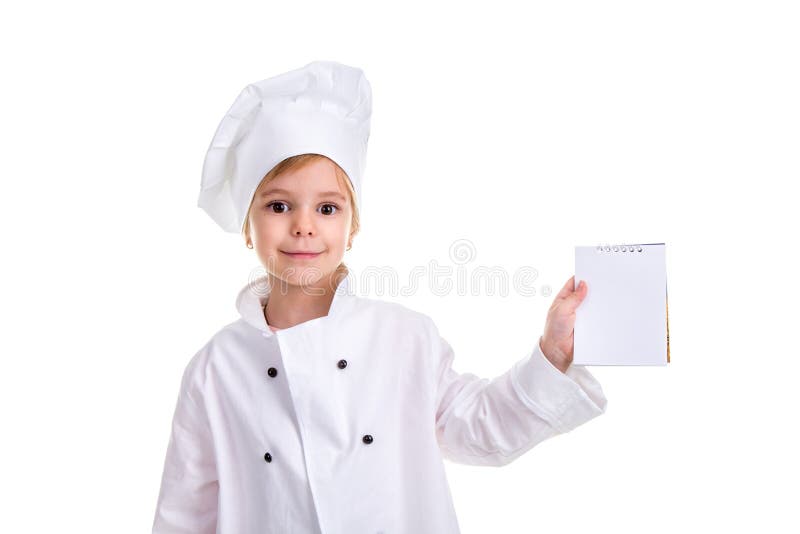 Smiling Girl Chef White Uniform Isolated on White Background. Holding ...