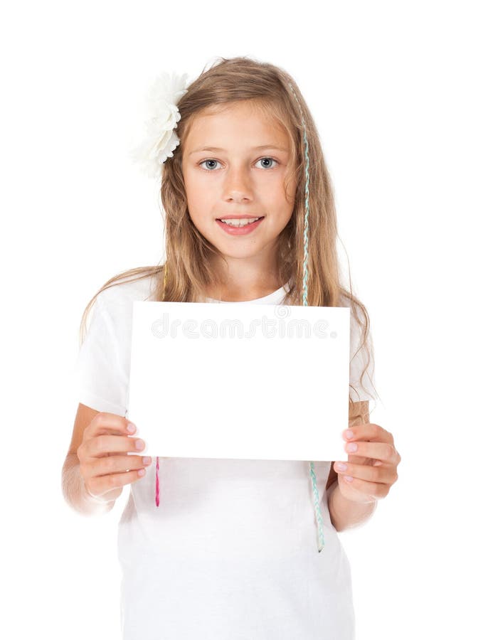 Smiling Girl Holding a White Card, Stock Image - Image of empty, sign ...