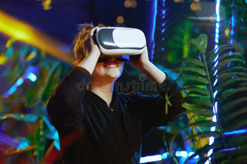 Smiling Girl in Metaverse in Vr Headset Stock Image - Image of ...