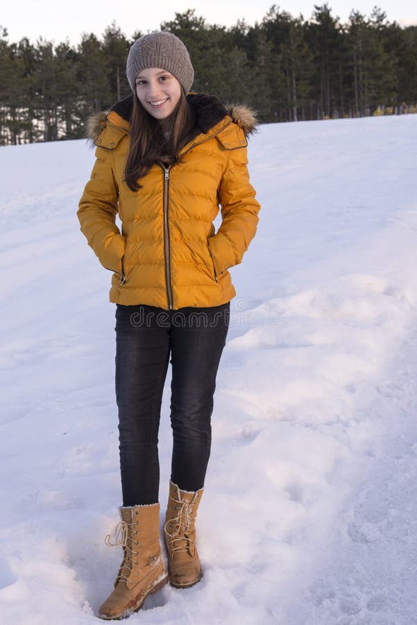 Smiling Girl Modeling in the Snow Stock Photo - Image of nice, girl ...