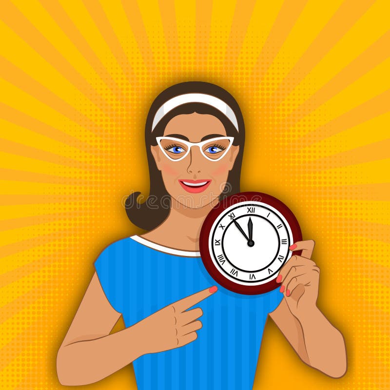 Smiling Girl Points at Clock Stock Vector - Illustration of lady ...