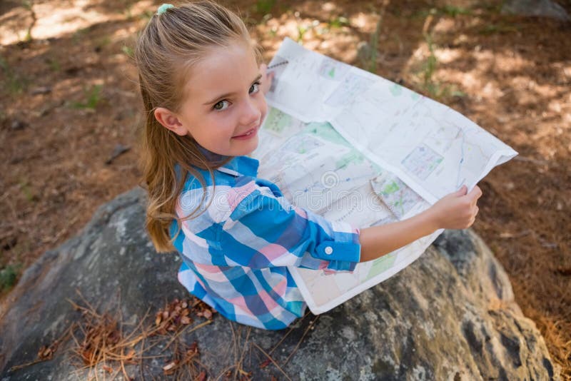 Smiling Girl Reading the Map in the Forest Stock Image - Image of ...