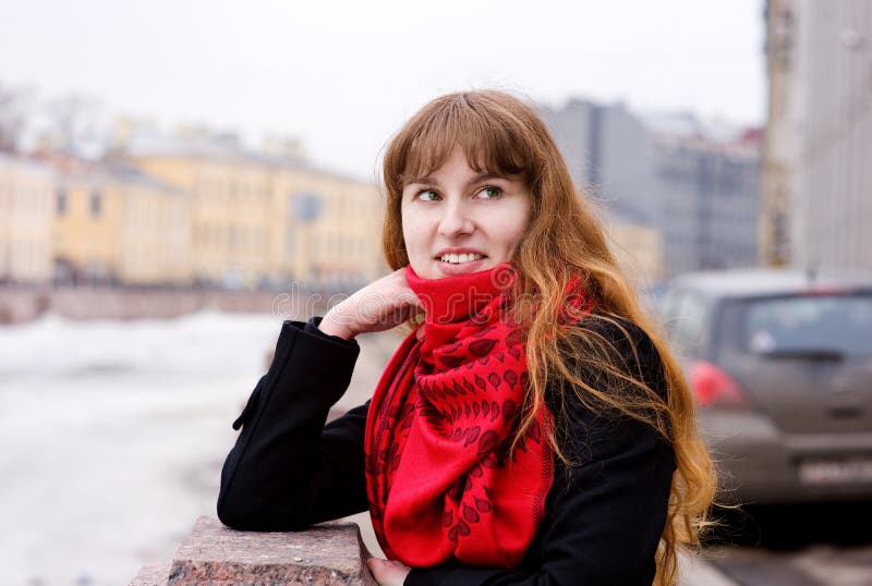 Smiling Girl in the Red Scarf Stock Photo - Image of cute, joyful: 19308274