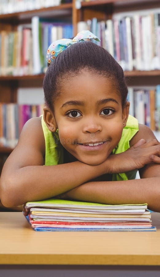 Smiling Girl School Library Resting Stack Colorful Books Stock Photos ...
