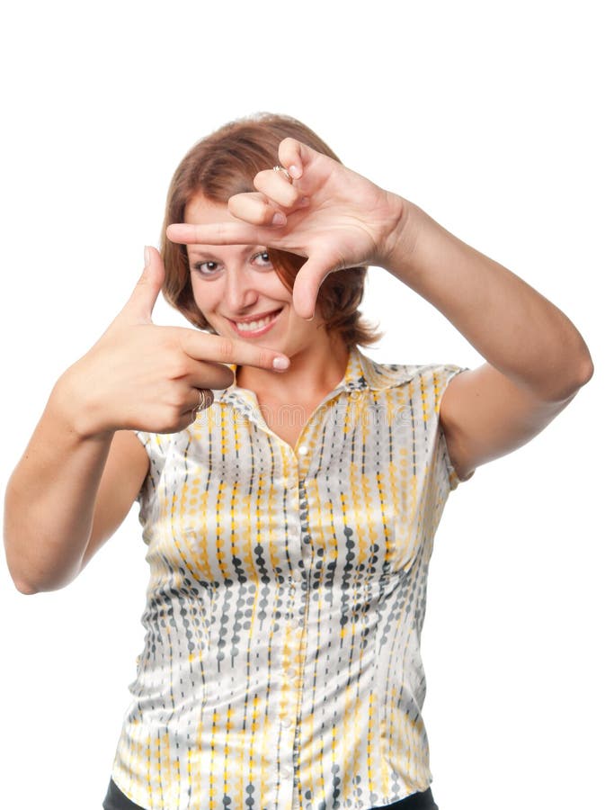 Smiling girl shows gesture stock photo. Image of woman - 15187640