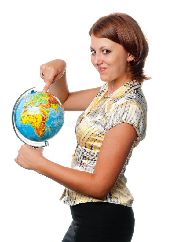 Smiling Girl Shows on the Globe Stock Photo - Image of business, earth ...