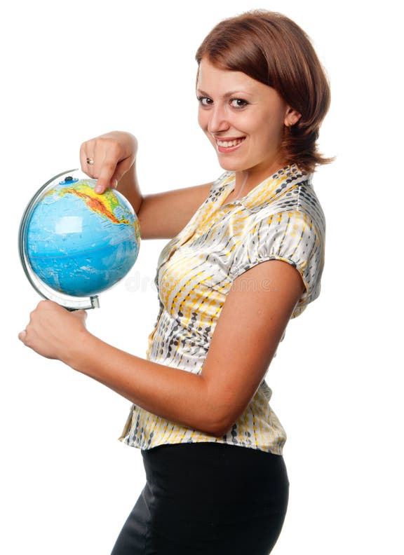 Smiling Girl Shows on the Globe Stock Image - Image of happy, happiness ...
