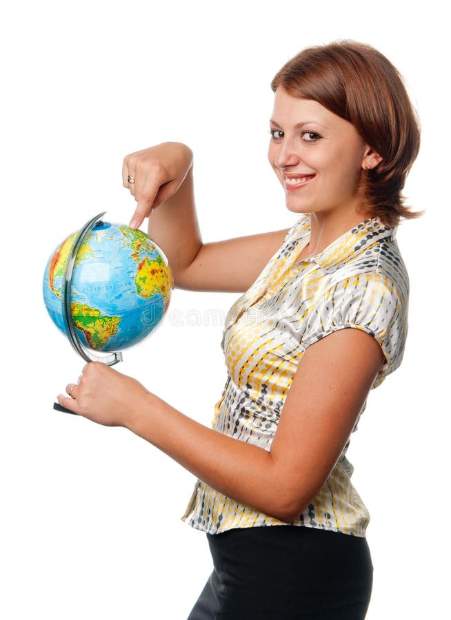Smiling Girl Shows on the Globe Stock Photo - Image of smile, world ...