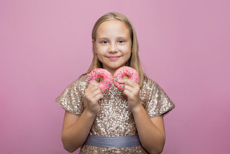 Smiling Girl with Two Sweet Donuts Stock Image - Image of dough, female ...
